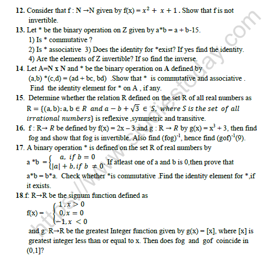 CBSE Class 12 Mathematics Relation And Function Worksheet Set C